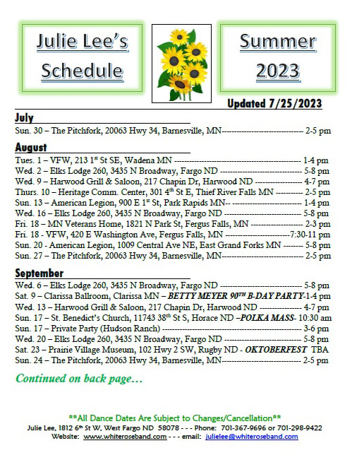 BAND SCHEDULE – Julie Lee and Her Whiteroseband