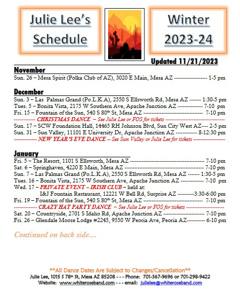 BAND SCHEDULE – Julie Lee and Her Whiteroseband